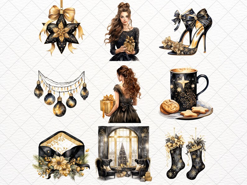 Watercolor Black & Gold Christmas Clipart Bundle Pngs (digital Download ...