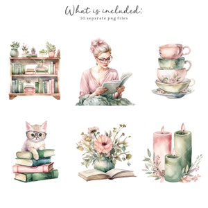 Watercolor Pink Green Bookworm Clip Art Bundle, Bookshelf, Book Lover ...