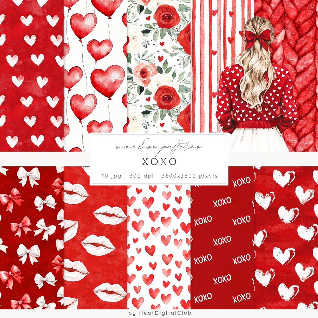 Watercolor Valentines Day Seamless Patterns, Valentines JPG, XOXO ...