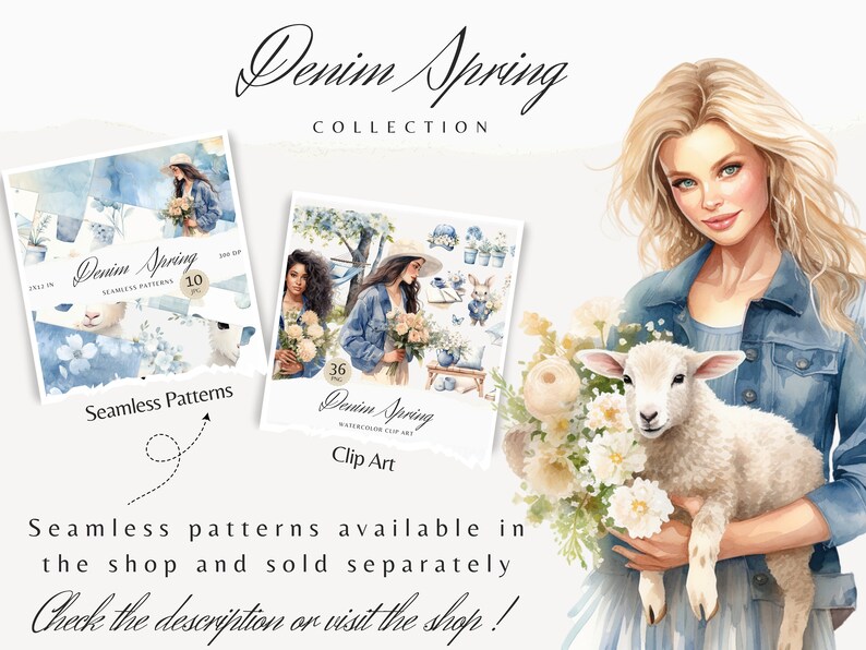 Watercolor Denim Spring Clipart, Cozy Spring Clip Art, Floral Graphics ...