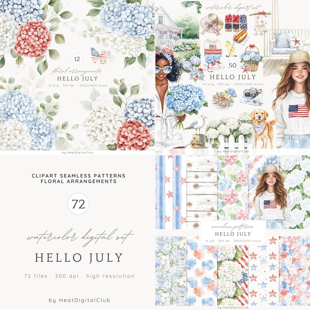 Watercolor Hello July Clip Art, Independence Day Clip Art, 4th of July ...