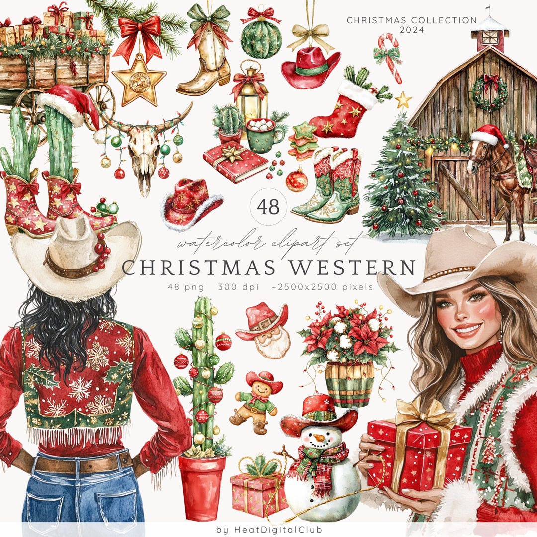 Watercolor Christmas Western Clipart, Wild West Clip Art, Cowgirl ...