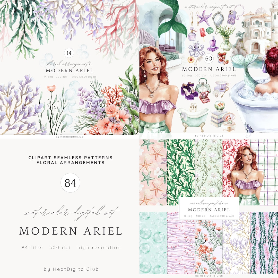 Watercolor Modern Ariel Clipart, Mermaid Clip Art, Ocean PNG, Ariel ...