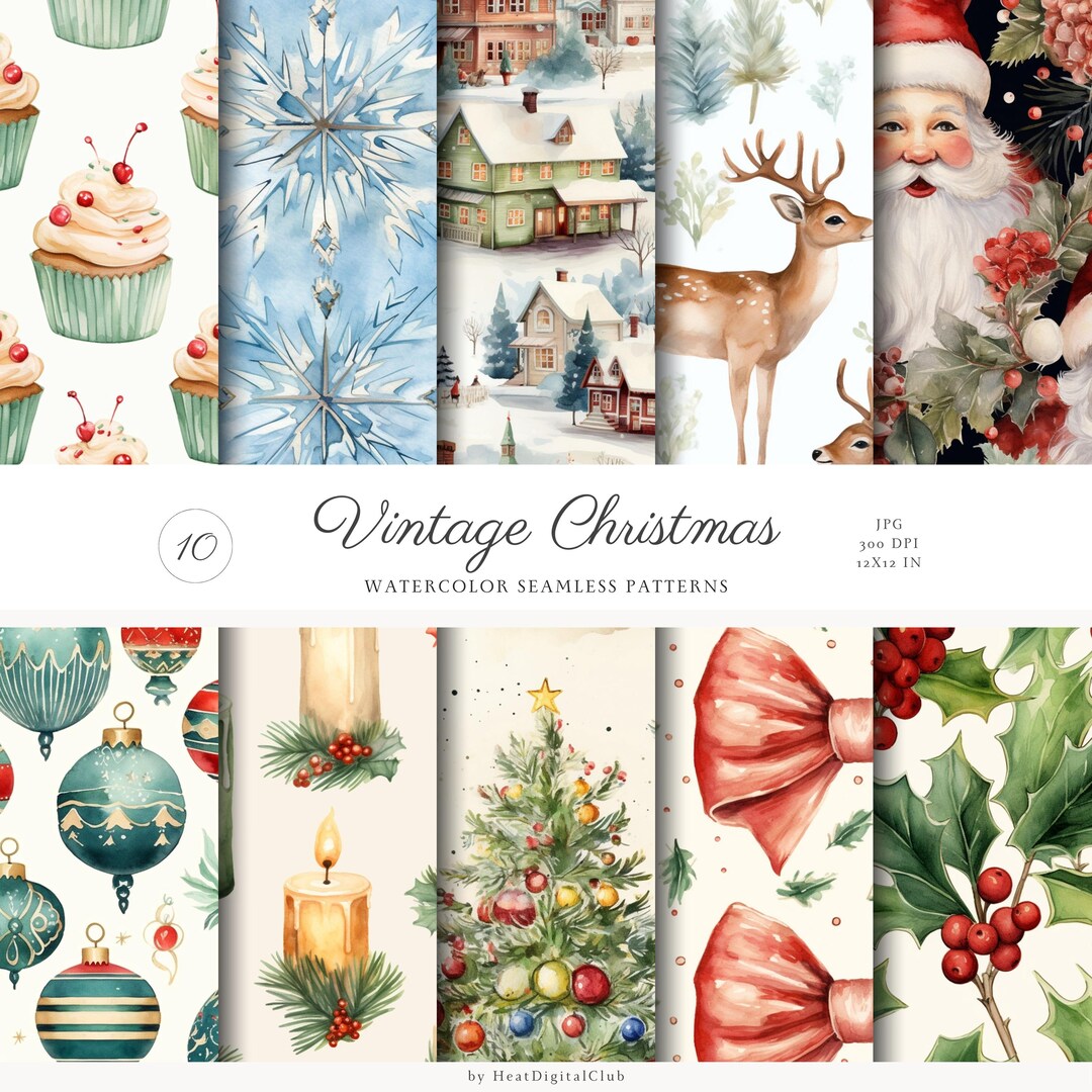 Vintage Christmas Watercolor Patterns, Seamless Holiday Designs ...