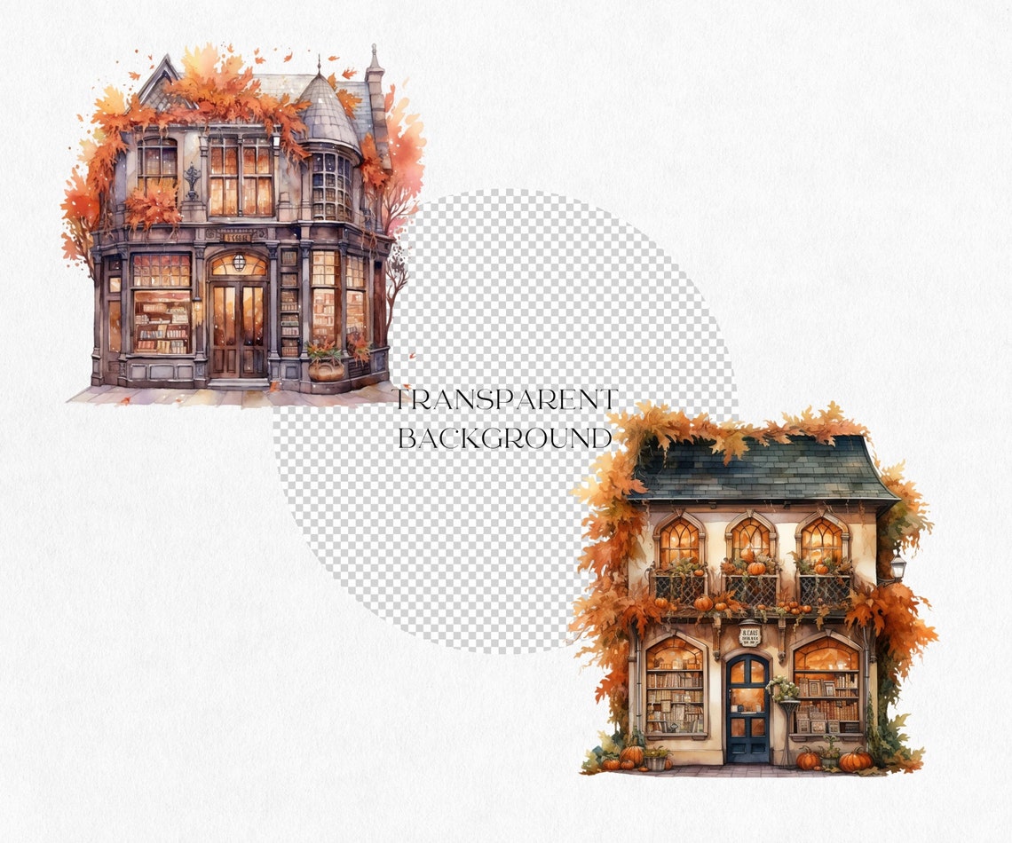 Watercolor Fall Bookstores Facade Clipart PNG Vintage Autumn - Etsy