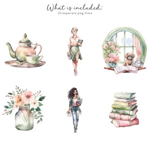 Watercolor Pink Green Bookworm Clip Art Bundle, Bookshelf, Book Lover ...