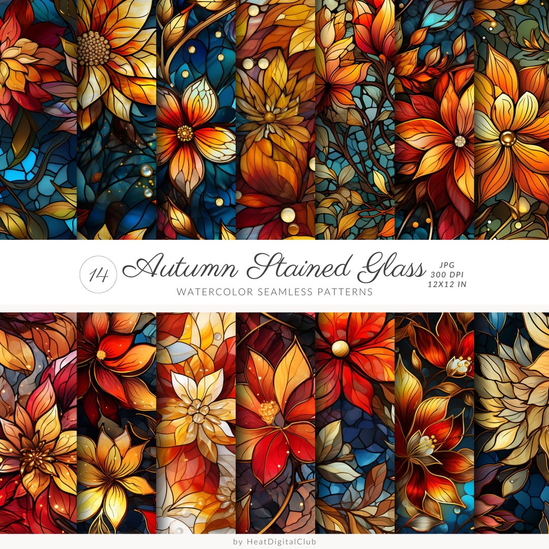 Seamless Stained Glass Floral Fall Patterns, Autumn Botanical Pattern ...