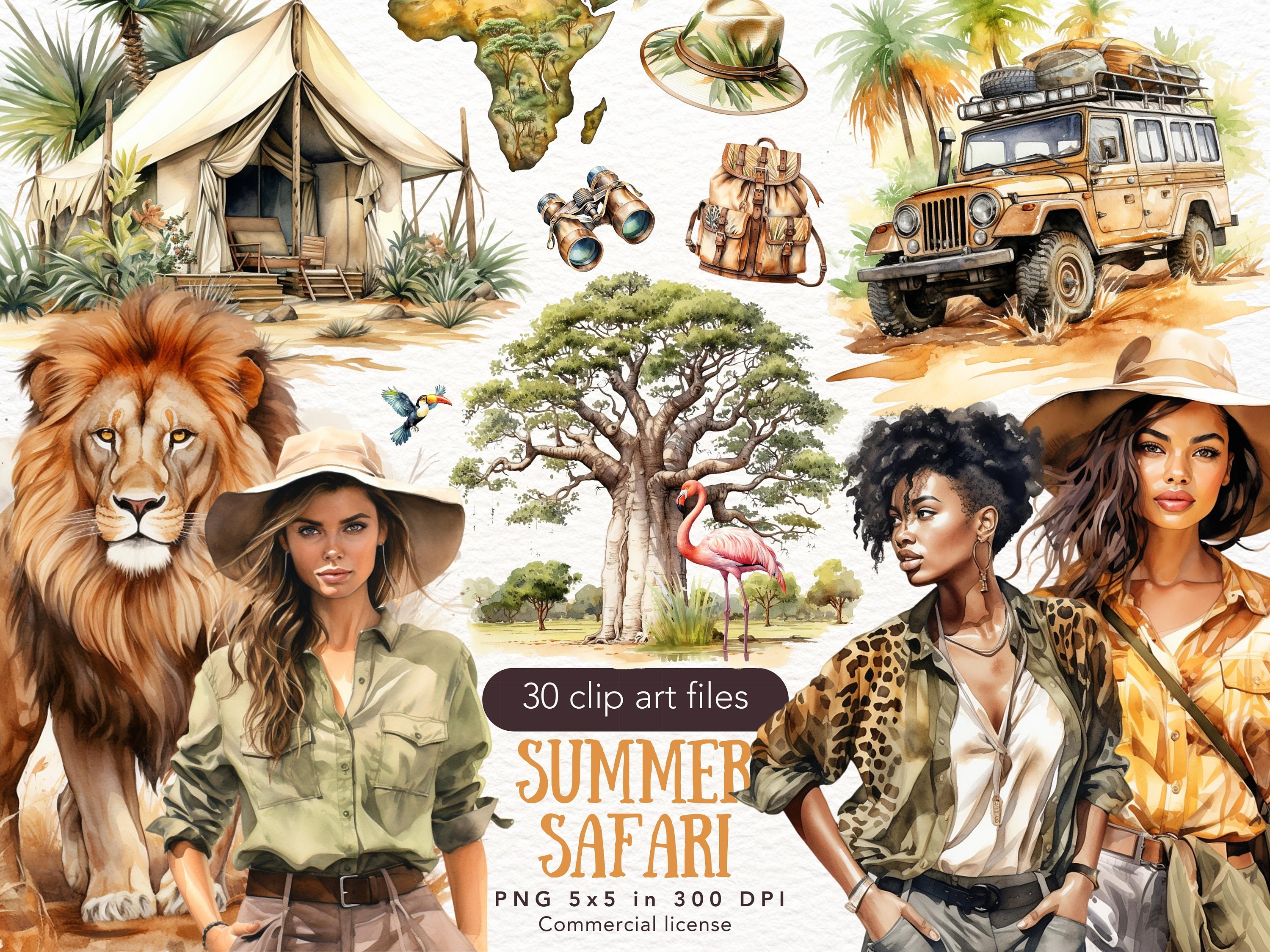 Watercolor African Summer Safari Clipart Cute Safari Animals - Etsy