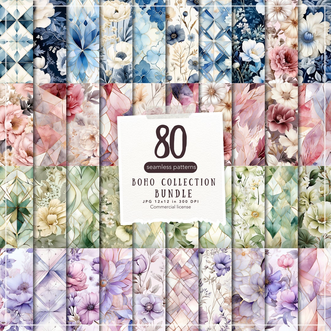 Seamless Watercolor Luxury Boho Floral Patterns Bundle, Shabby Chic ...