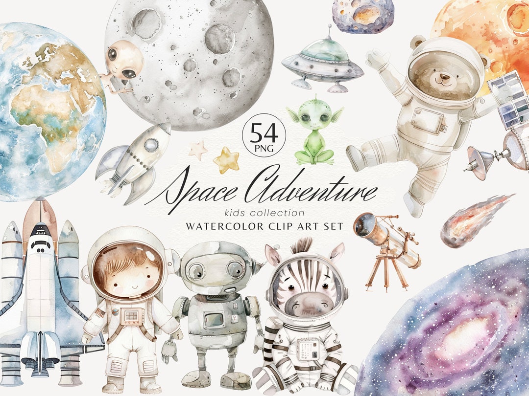 Watercolor Space Adventure Clipart Bundle, Cute Astronaut Clipart ...