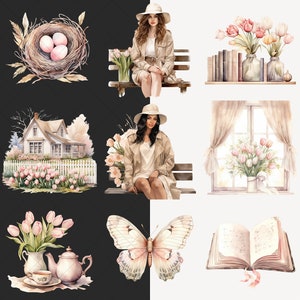 Watercolor Gentle Spring Clipart, Cozy Spring Clip Art, Tulips Graphics ...