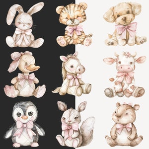 Watercolor Pink Vintage Plush Animals Clipart Bundle, Nursery Animal ...