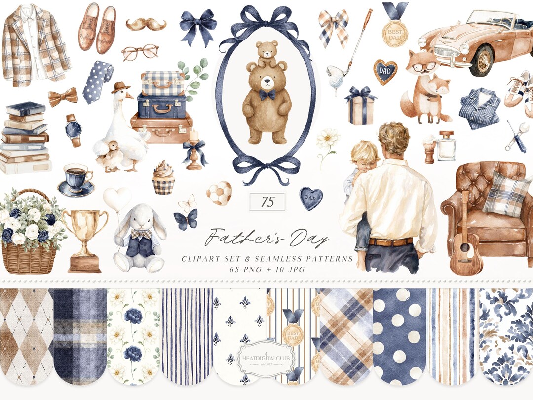 Watercolor Fathers Day Clipart, Dad and Baby Animals Clipart, Vintage ...