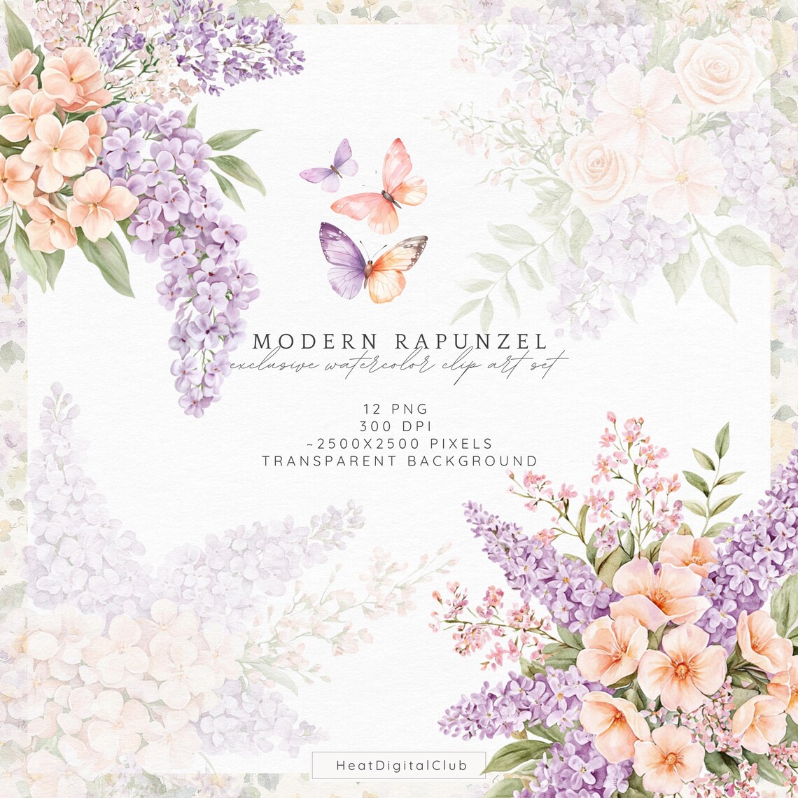Watercolor Modern Rapunzel Floral Arrangements Clipart, Lilac Flowers ...