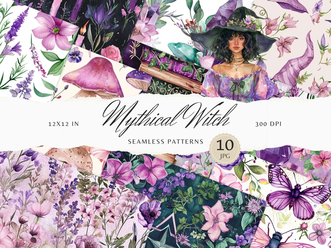 Watercolor Mythical Witch Seamless Patterns, Floral Pattern JPEG, Magic ...