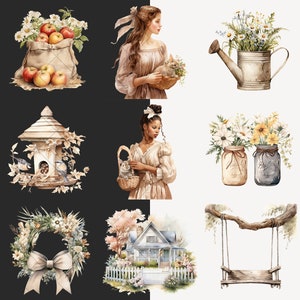 Watercolor Rustic Spring Clipart, Cottagecore Spring Clip Art Graphics ...