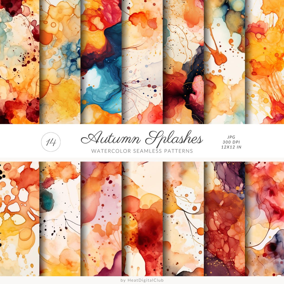 Seamless Alcohol Ink Fall Patterns, Autumn Watercolor Splashes JPEG ...