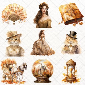 36 Watercolor Fall Princess Clipart PNG Bundle, Victorian Autumn ...