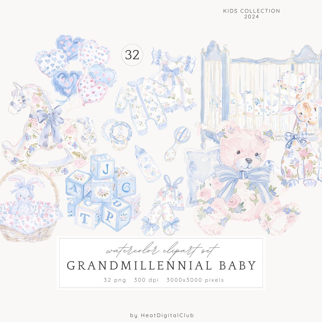 Watercolor Grandmillennial Baby Clipart Bundle, Pastel Baby Toys Clip ...