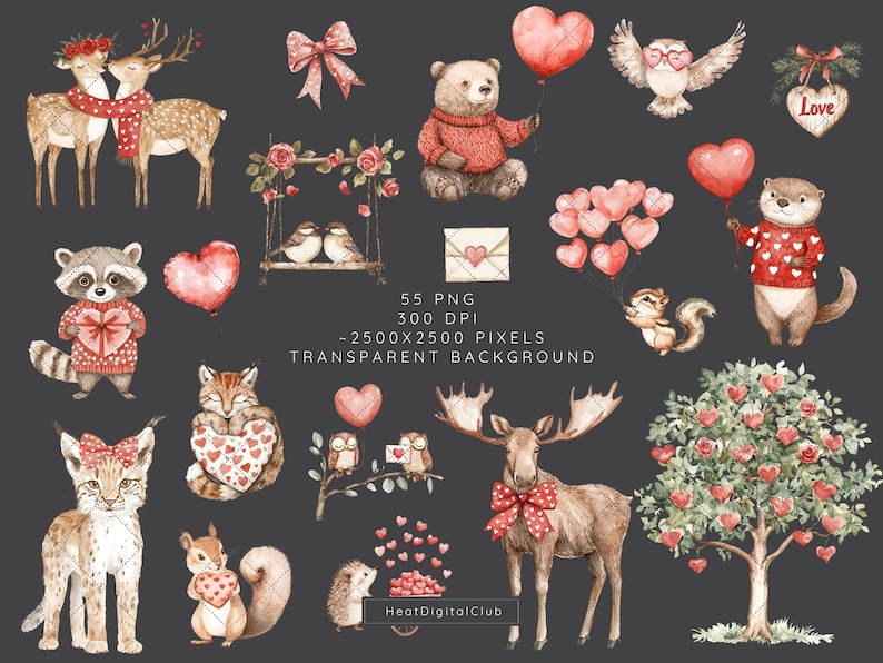 Watercolor Woodland Romance Clipart, Valentines Day Clip Art, Romantic ...