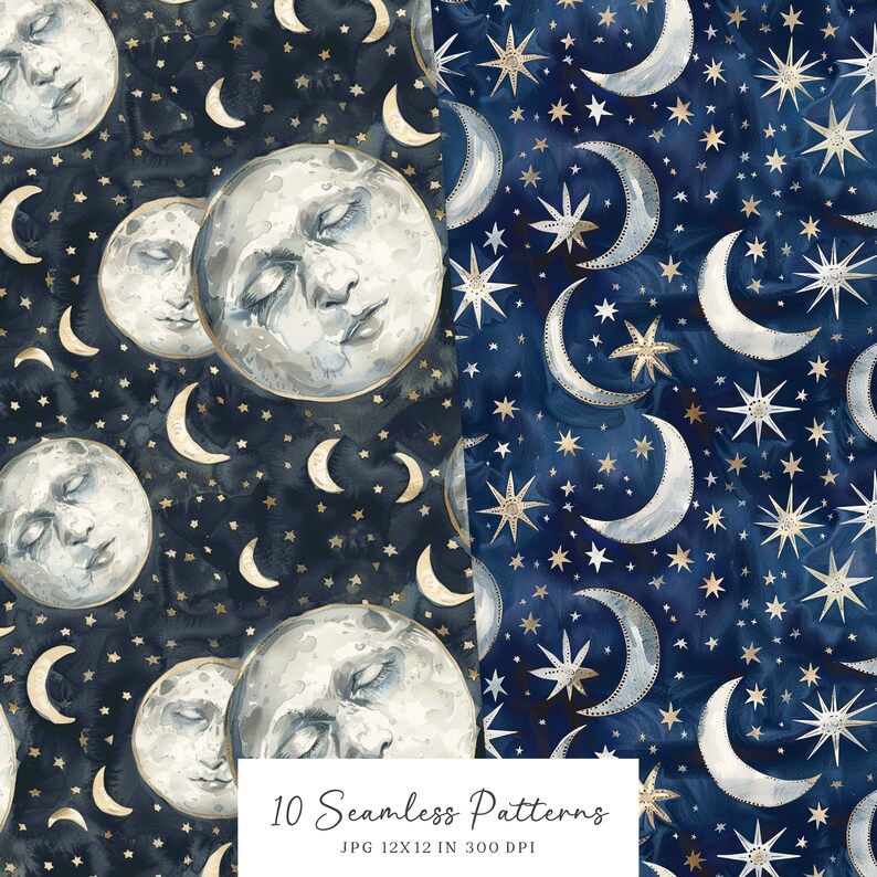 Watercolor Lunar Stars Seamless Pattern, Celestial Scrapbook Paper ...