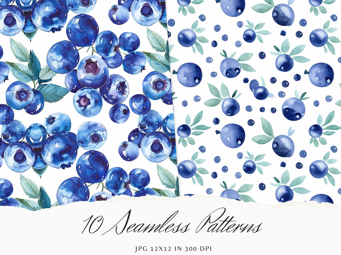 Watercolor Blueberry Garden Seamless Patterns, Berries, Butterflies ...