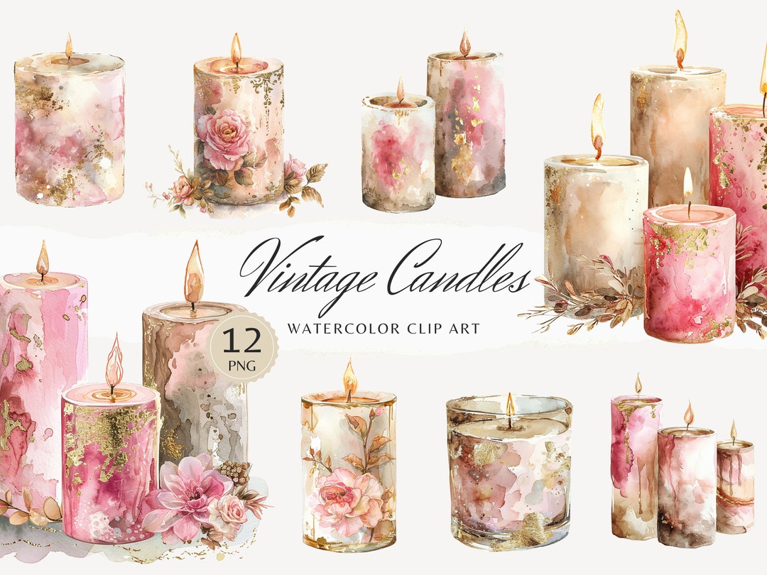 Watercolor Vintage Candles Clipart, Candle Clip Art, Antique Candles ...
