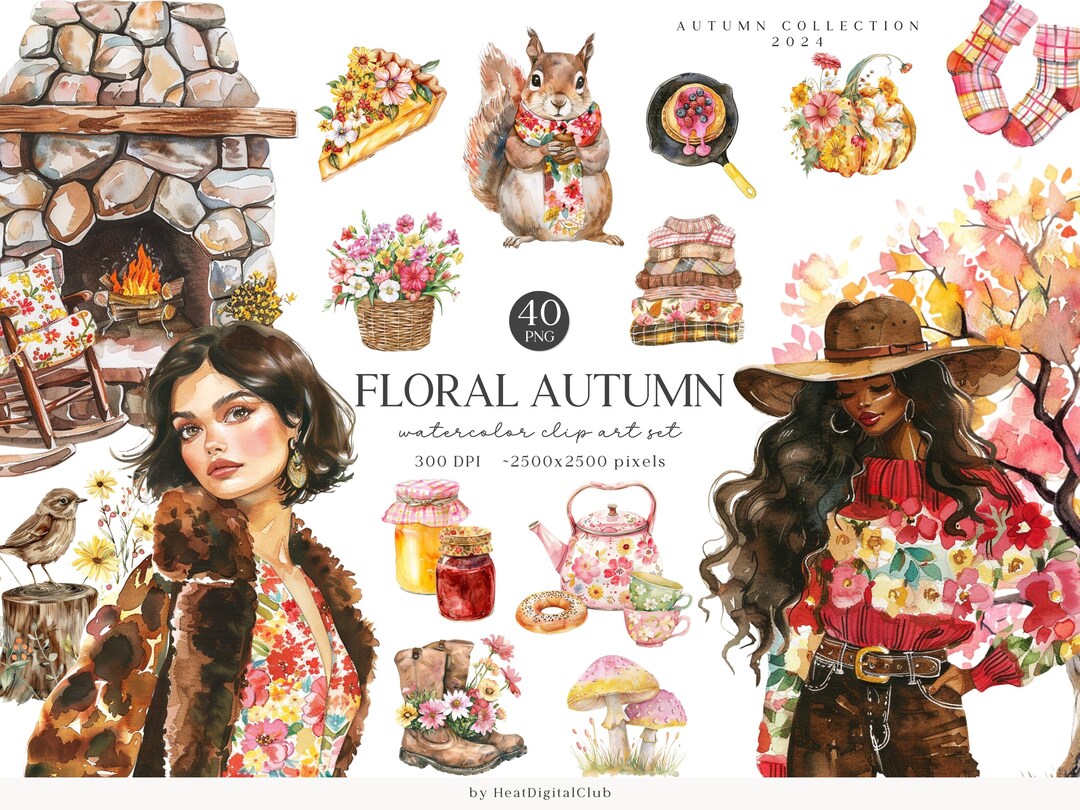 Watercolor Floral Autumn Clipart Bundle, Fall Clipart PNG, Colorful ...