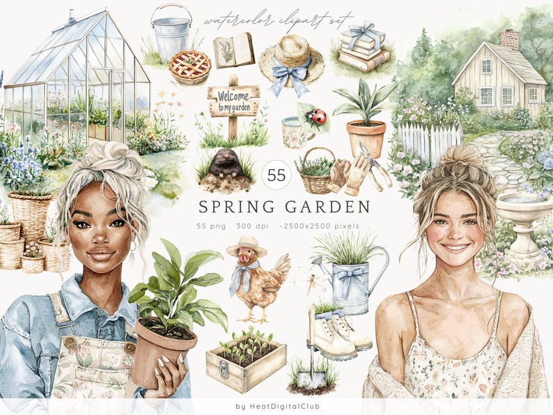 Watercolor Spring Garden Clipart, Cottage Spring Summer Garden, Cozy ...