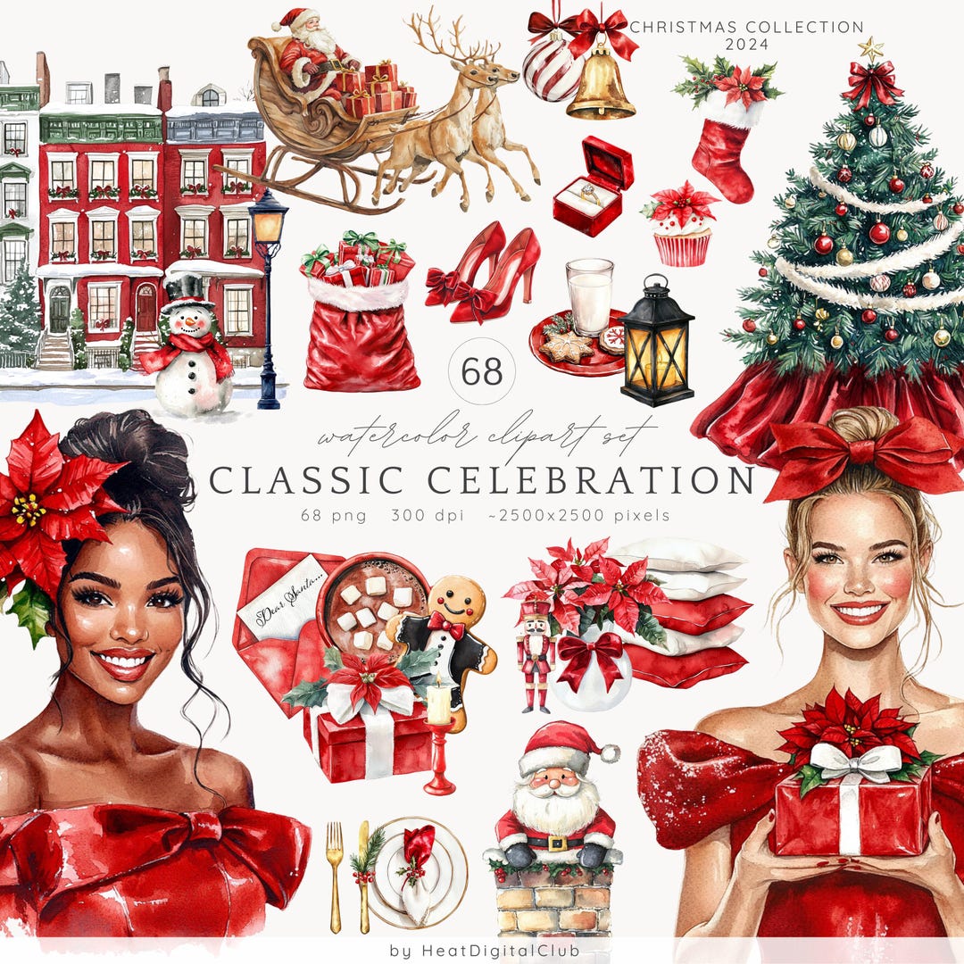 Watercolor Classic Christmas Clipart, Christmas Clip Art, Festive ...