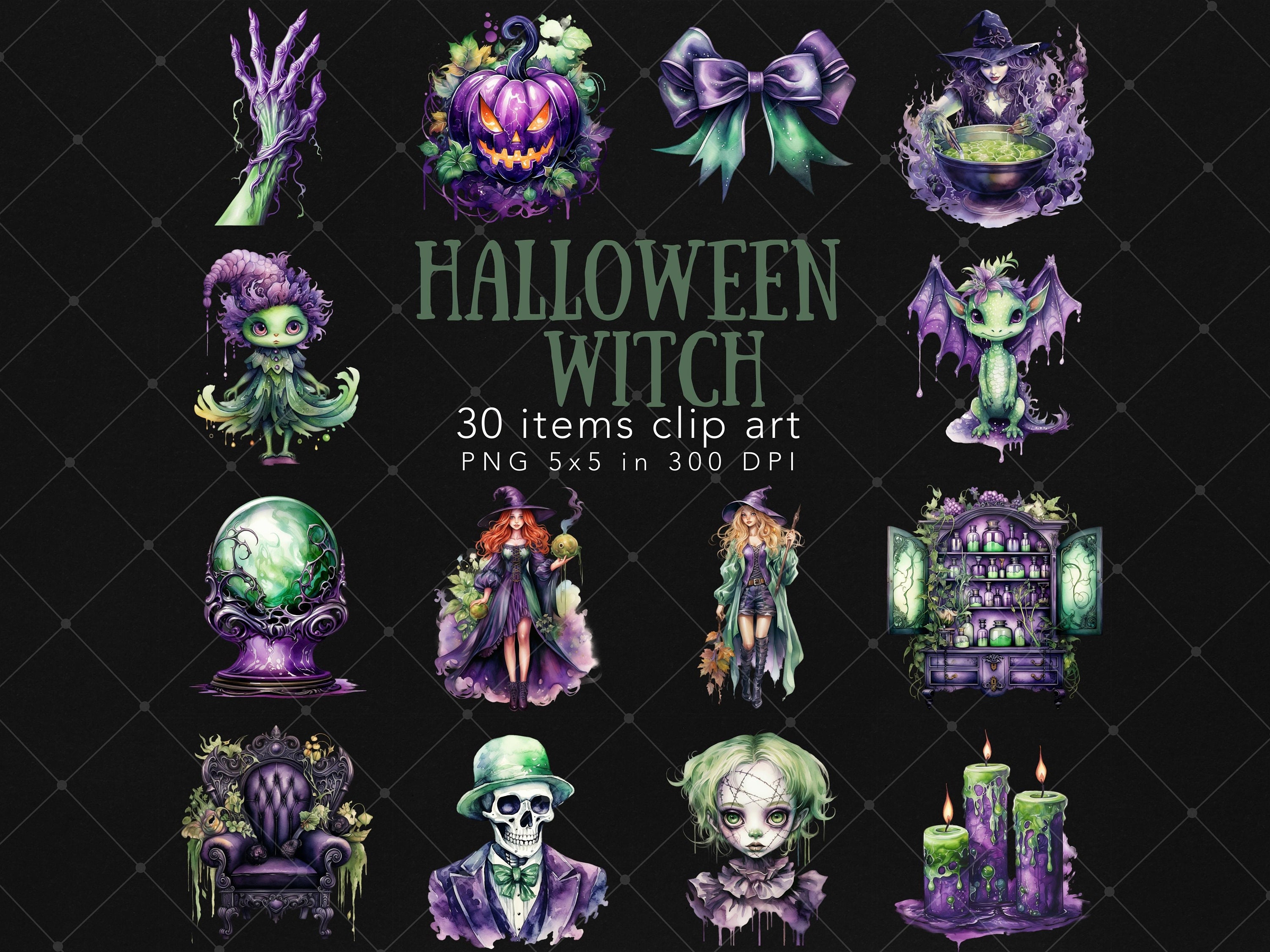 Watercolor Spooky Dark Halloween Witch Clipart Bundle PNG, Witchcraft ...