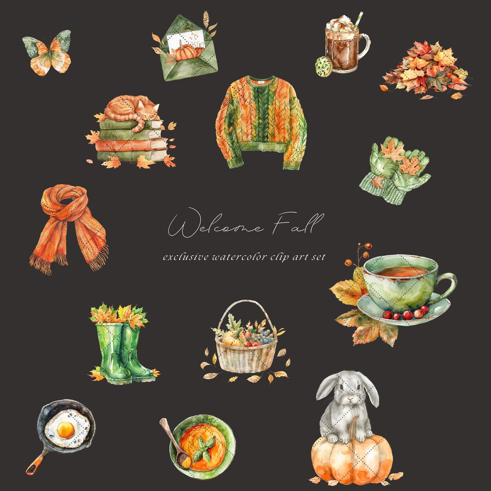 Watercolor Welcome Fall Clipart Bundle, Autumn Clipart PNG, Cozy Fall ...