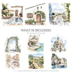 Watercolor Sicilian Summer Clipart, Mediterranean Vacation, Italian PNG ...