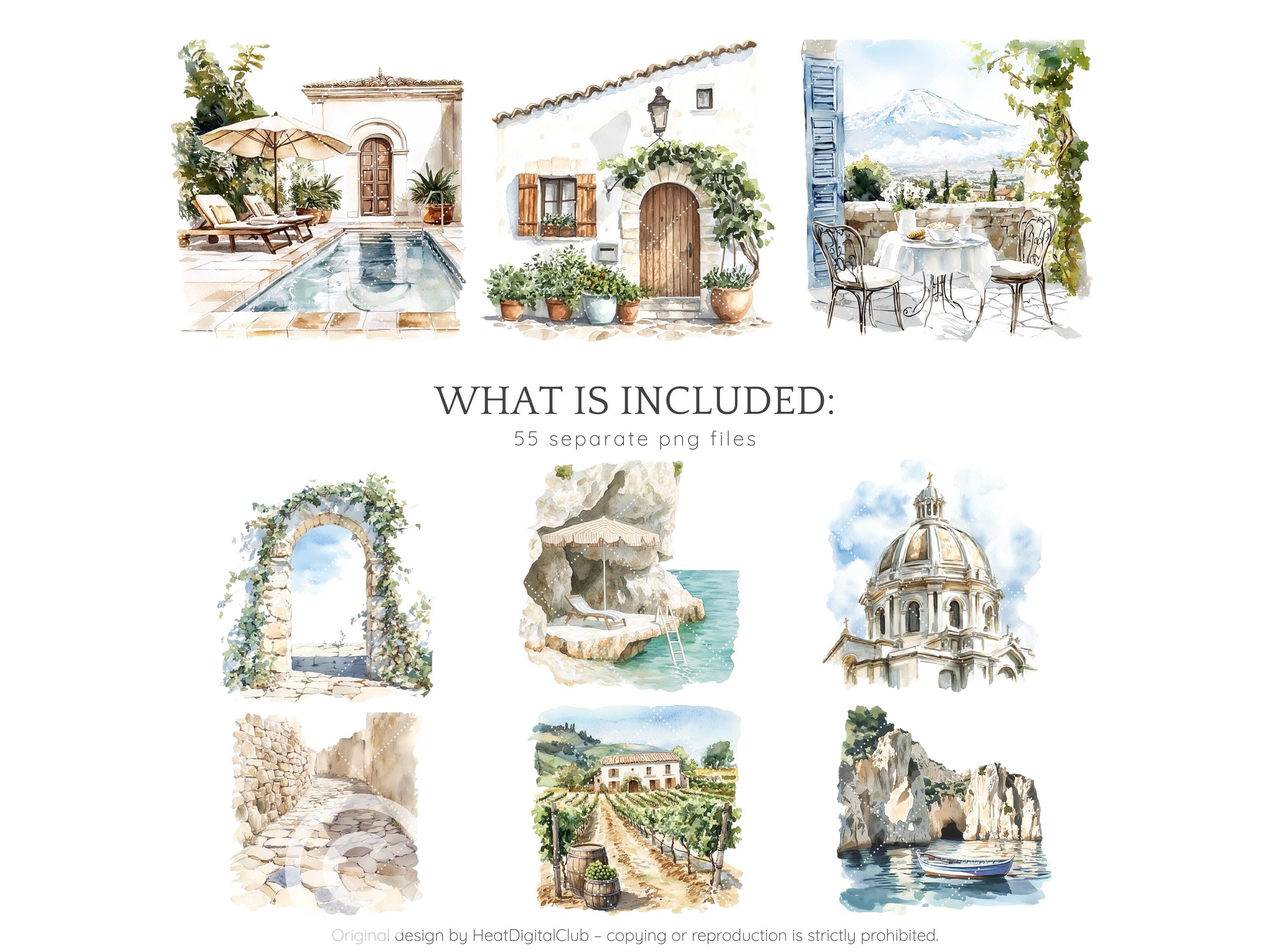 Watercolor Sicilian Summer Clipart, Mediterranean Vacation, Italian PNG ...
