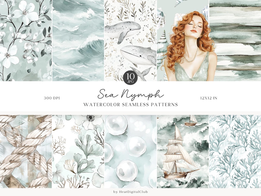Watercolor Sea Nymph Seamless Patterns, Nautical Pattern JPEG, Sea ...
