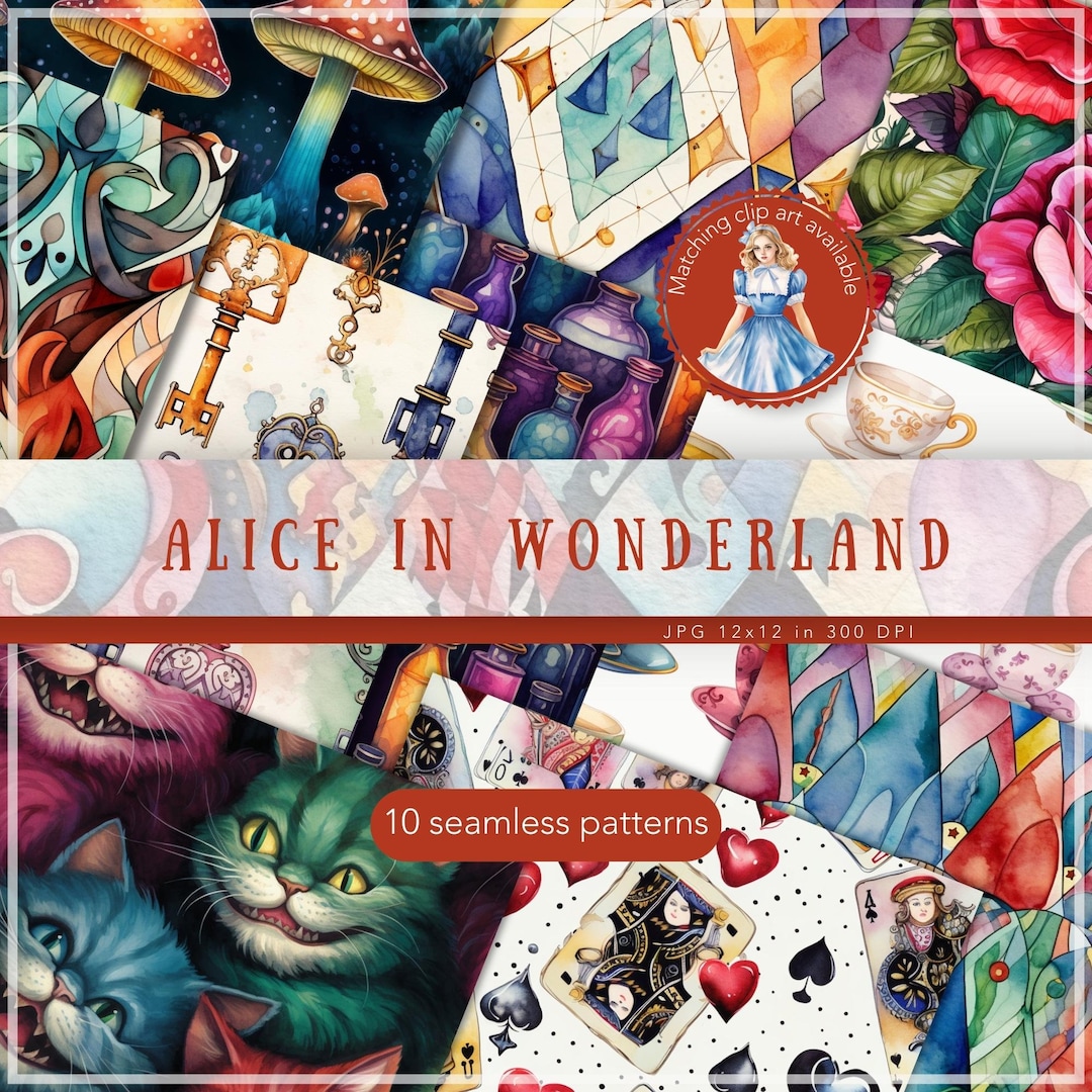 Seamless Watercolor Alice in Wonderland Patterns, Fantasy Pattern JPEG ...