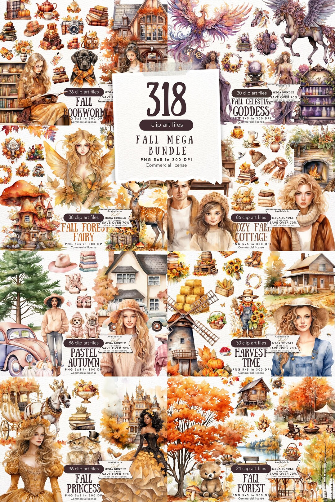 Watercolor Fall Mega Bundle Clipart PNG, Cozy Autumn Farm Cottage PNG ...