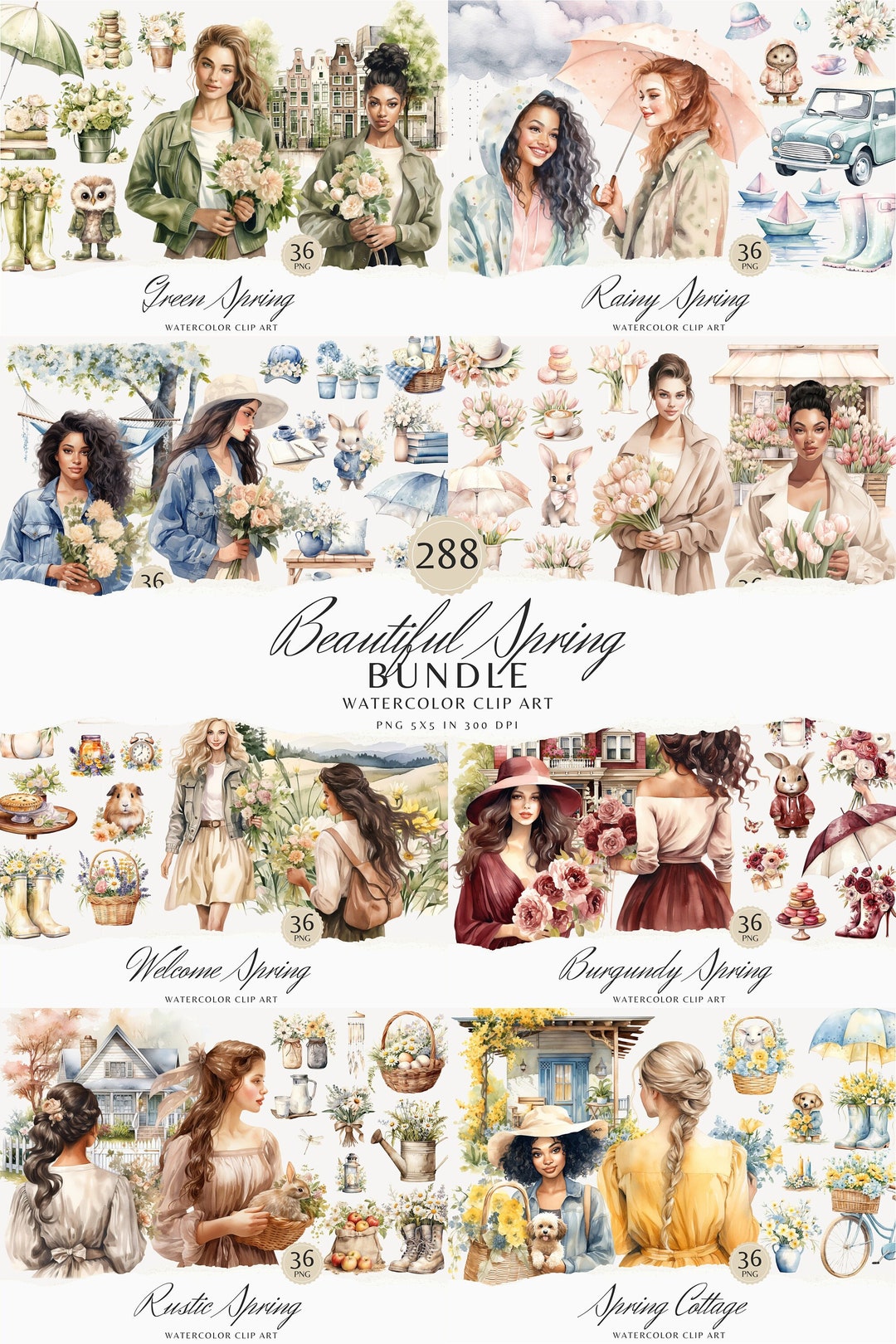 Watercolor Beautiful Spring Clipart Bundle, Clip Art PNG, Floral ...