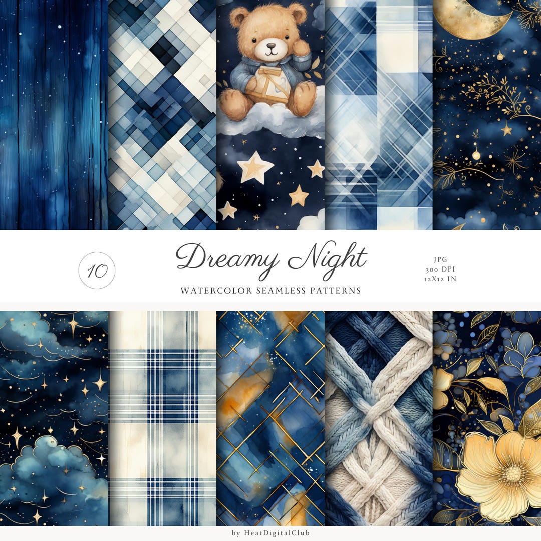 10 Seamless Watercolor Dreamy Night Patterns, Starry Sky, Teddy Bear ...