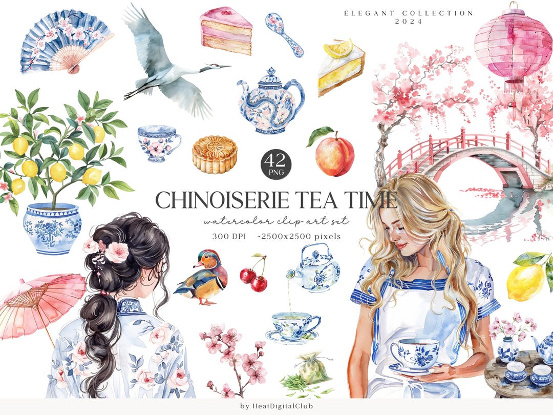 Watercolor Chinoiserie Tea Time Clipart Bundle, Tea Party Clip Art ...