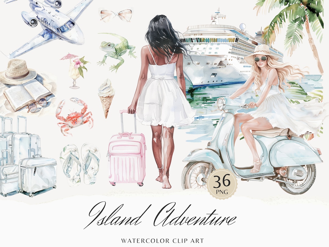 Watercolor Island Adventure Clipart Bundle, Beach PNG Clip Art, Travel ...