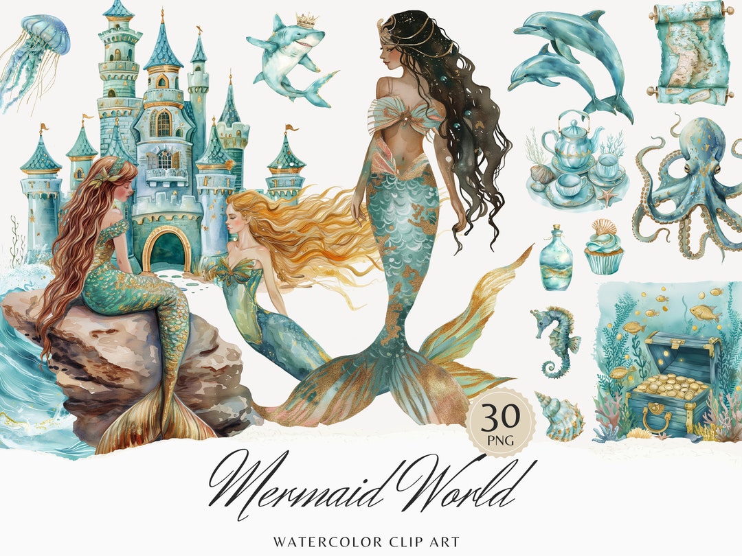 Watercolor Mermaid World Clipart, Mermaid Clip Art, Cute Sea Animals ...