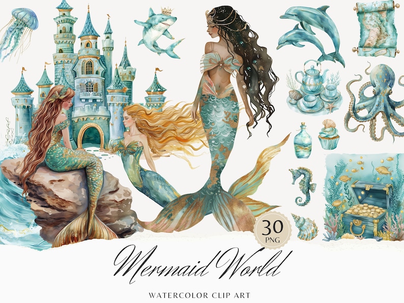 Watercolor Mermaid Clipart, Sea Animals PNG Bundle (digital Download ...
