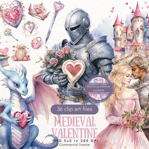 Watercolor Medieval Valentine Clipart Bundle, Valentines Day Clip Art ...