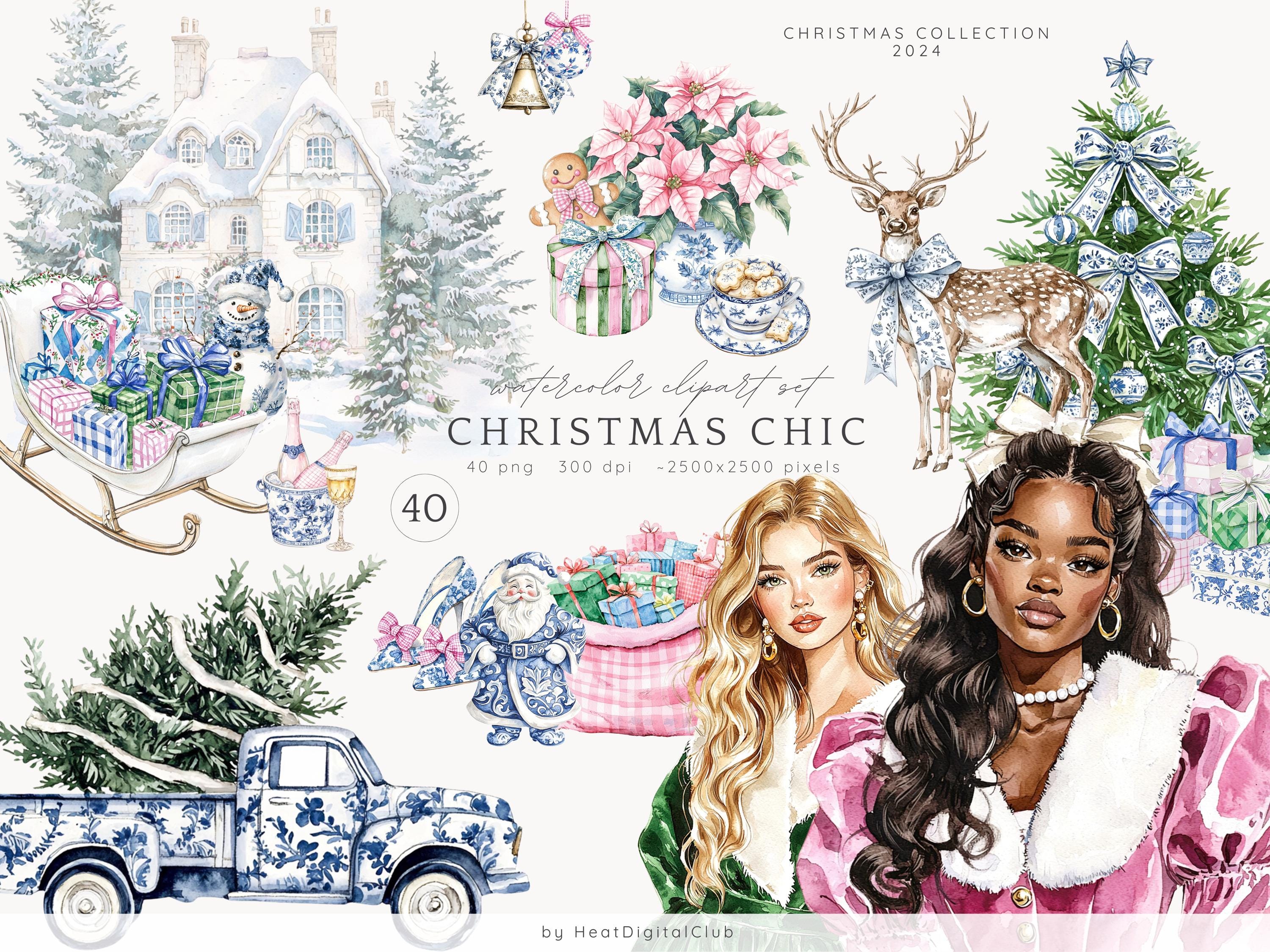 Watercolor Grandmillennial Christmas Clipart, Chinoiserie Clip Art ...