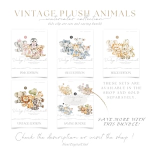 Watercolor Blue Vintage Plush Animals Clipart Bundle, Nursery Animal ...