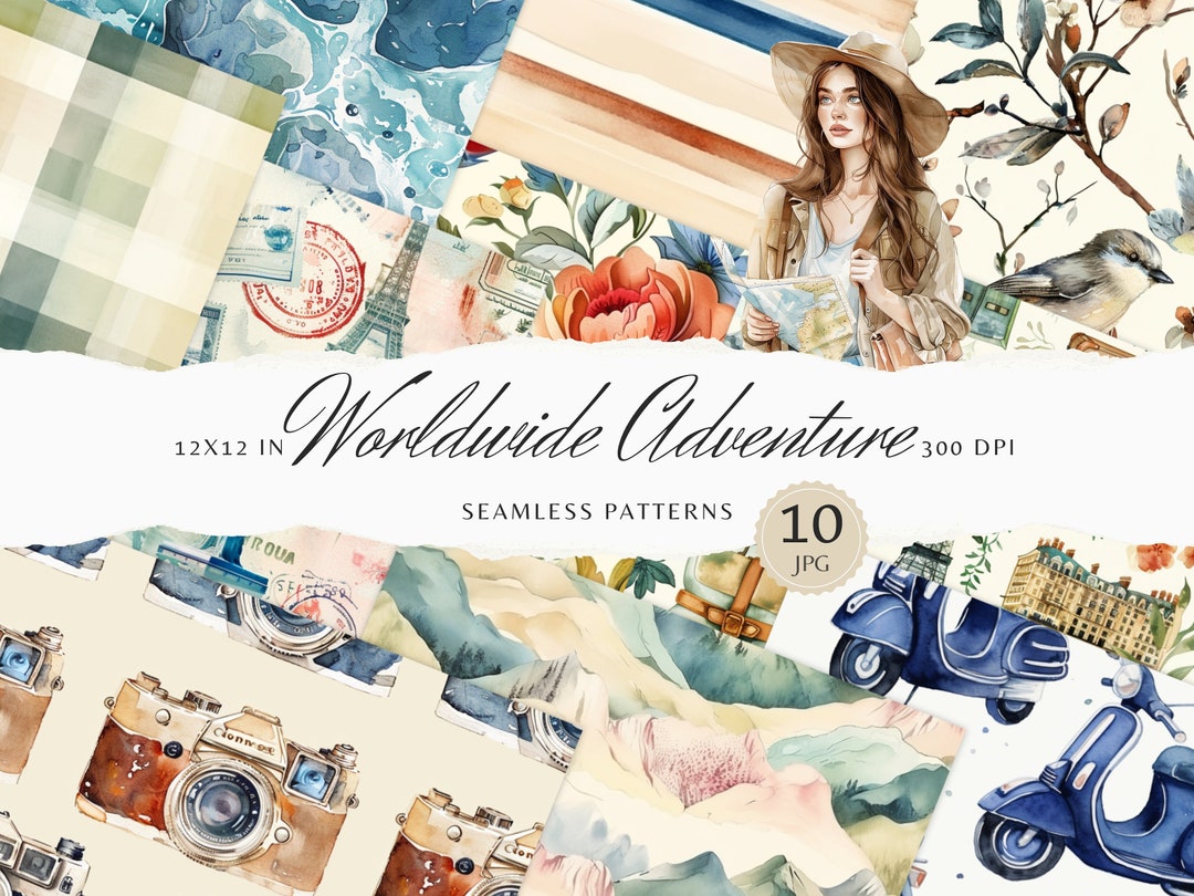 Watercolor Worldwide Adventure Seamless Patterns, Traveller Pattern ...