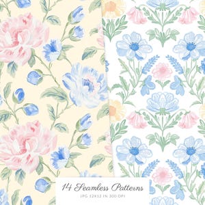 Watercolor Grandmillennial Seamless Patterns, Set 2, Pastel Floral JPEG ...