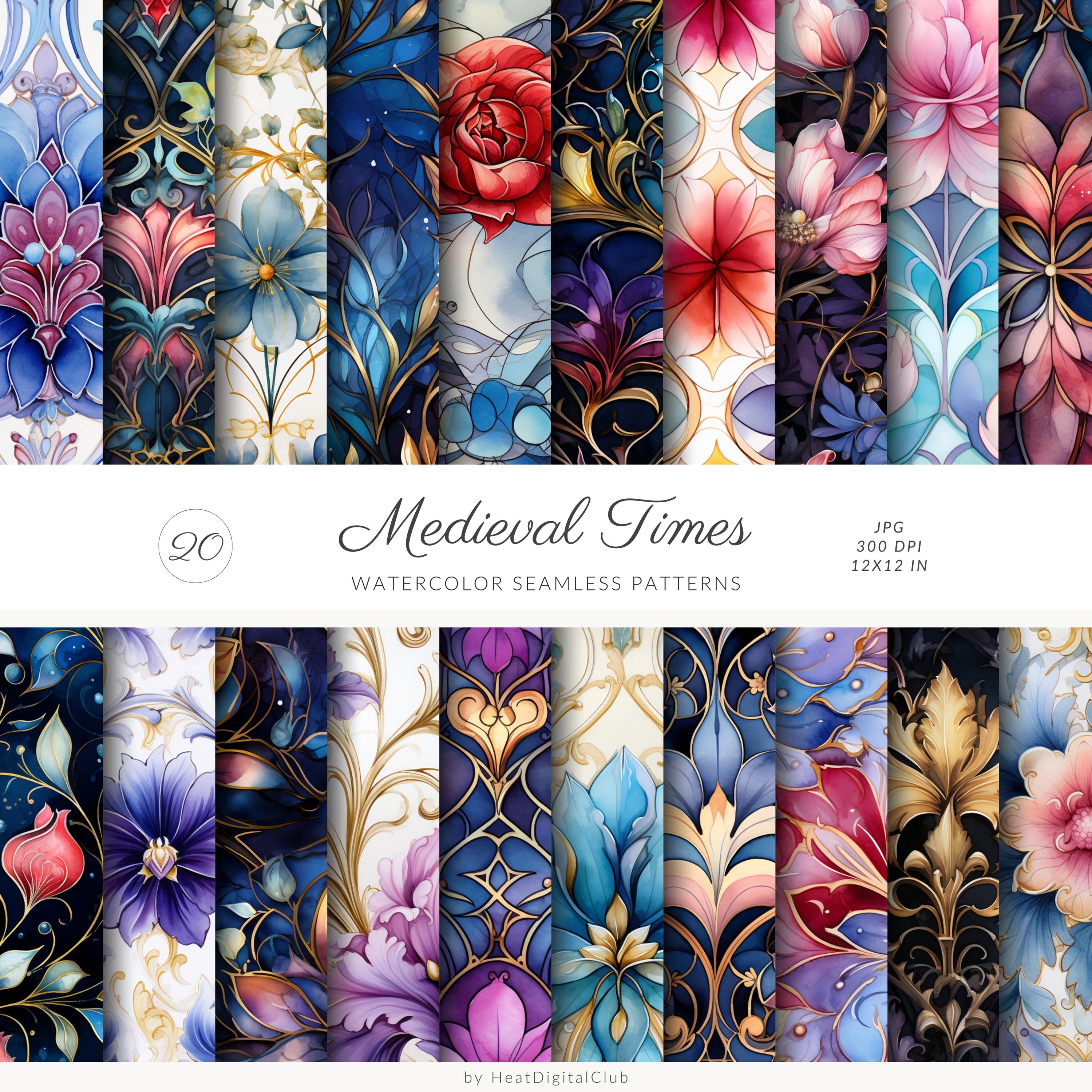 Seamless Watercolor Medieval Times Floral Patterns, Botanical Digital ...