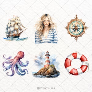 Watercolor Nautical Aesthetics Clipart, Romantic Navy PNG Bundle ...